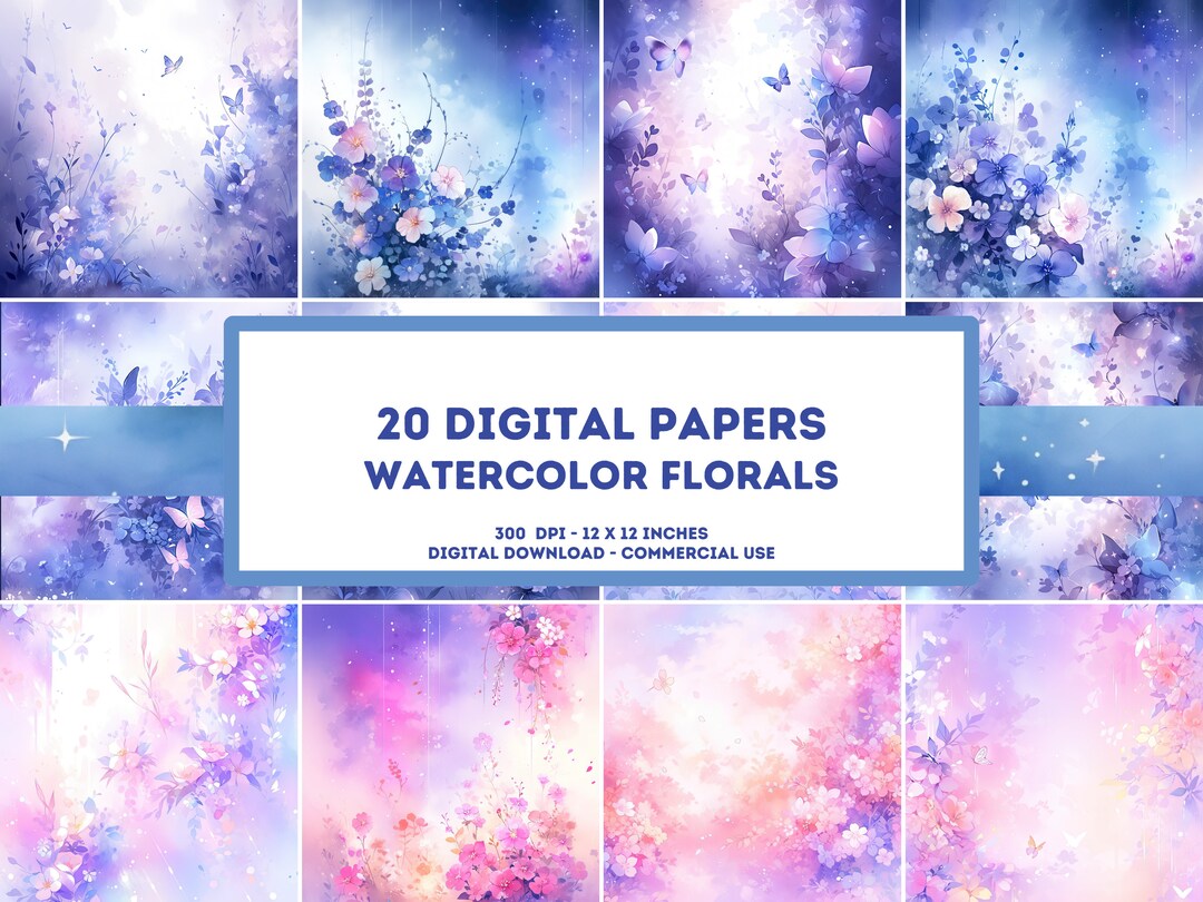 Watercolor Floral Butterfly Digital Papers Set of 20 for Scrapbooking ...
