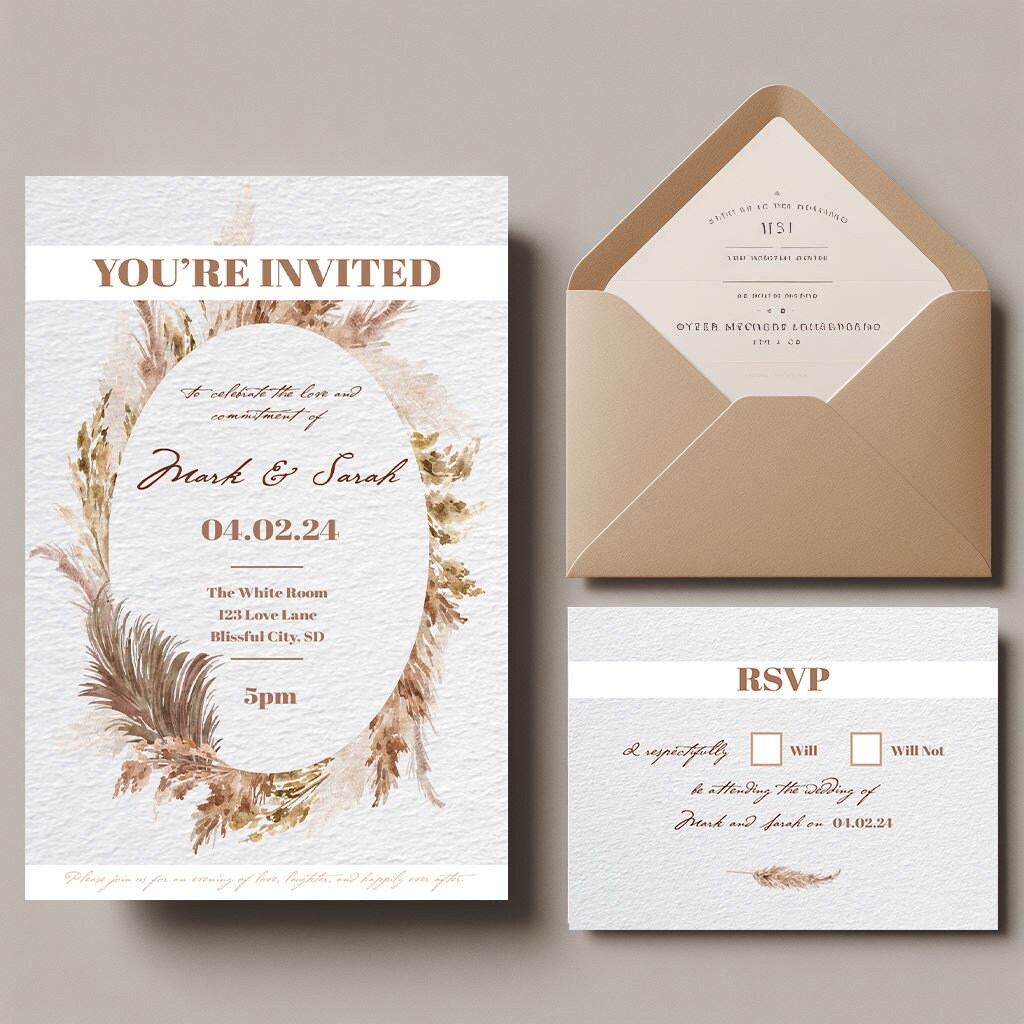 Boho Natural Wedding Invitation Template, Printable Wedding Invitation ...