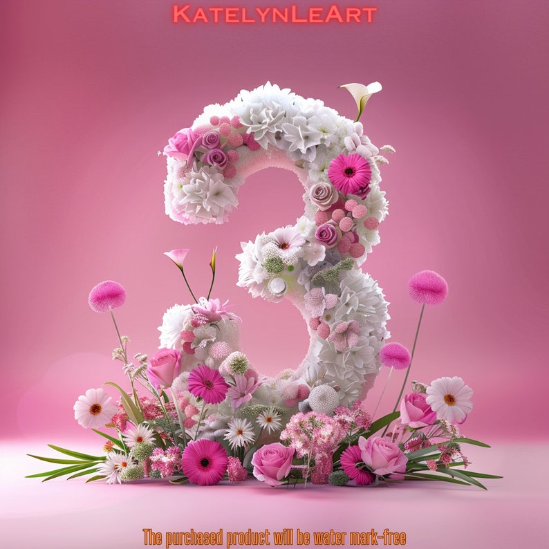 Floral Number 3 Digital Backdrop, Girl's Birthday (PNG) - Etsy