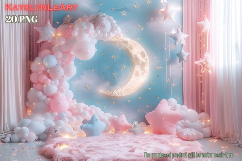 Pink Stars Moon Digital Backdrop, Baby Birthday, Photoshoot (digital ...