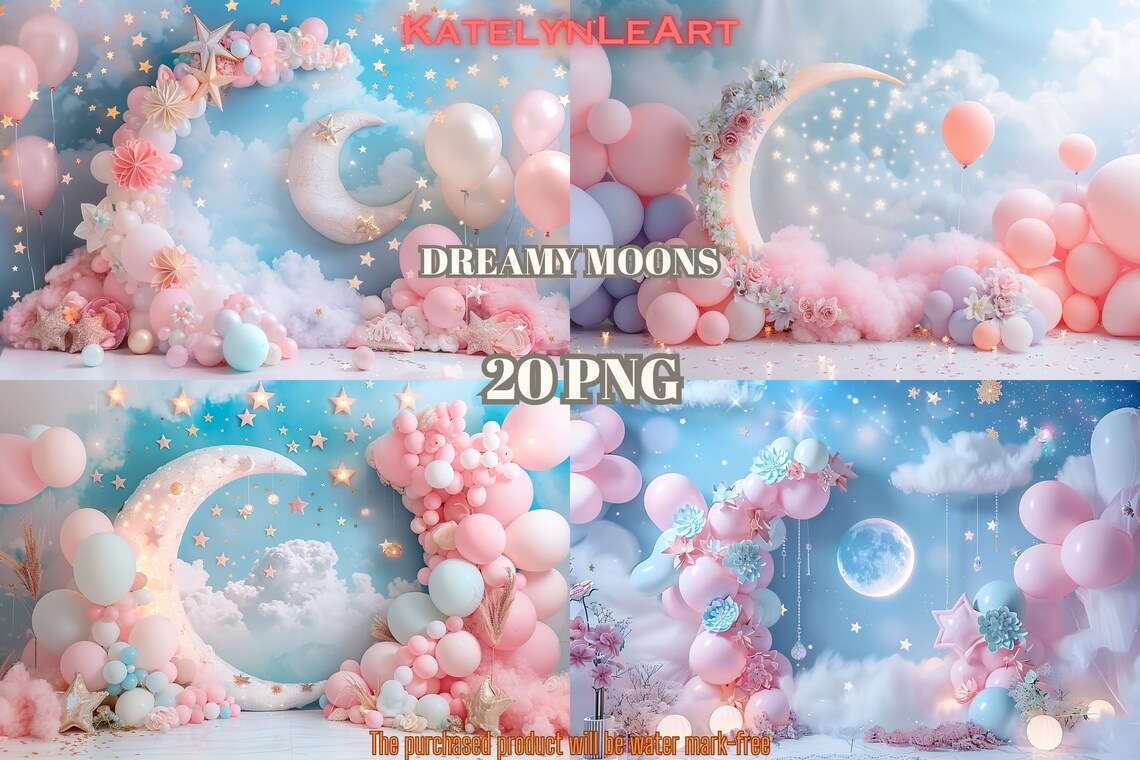Pink Stars Moon Digital Backdrop, Baby Birthday, Photoshoot (digital ...