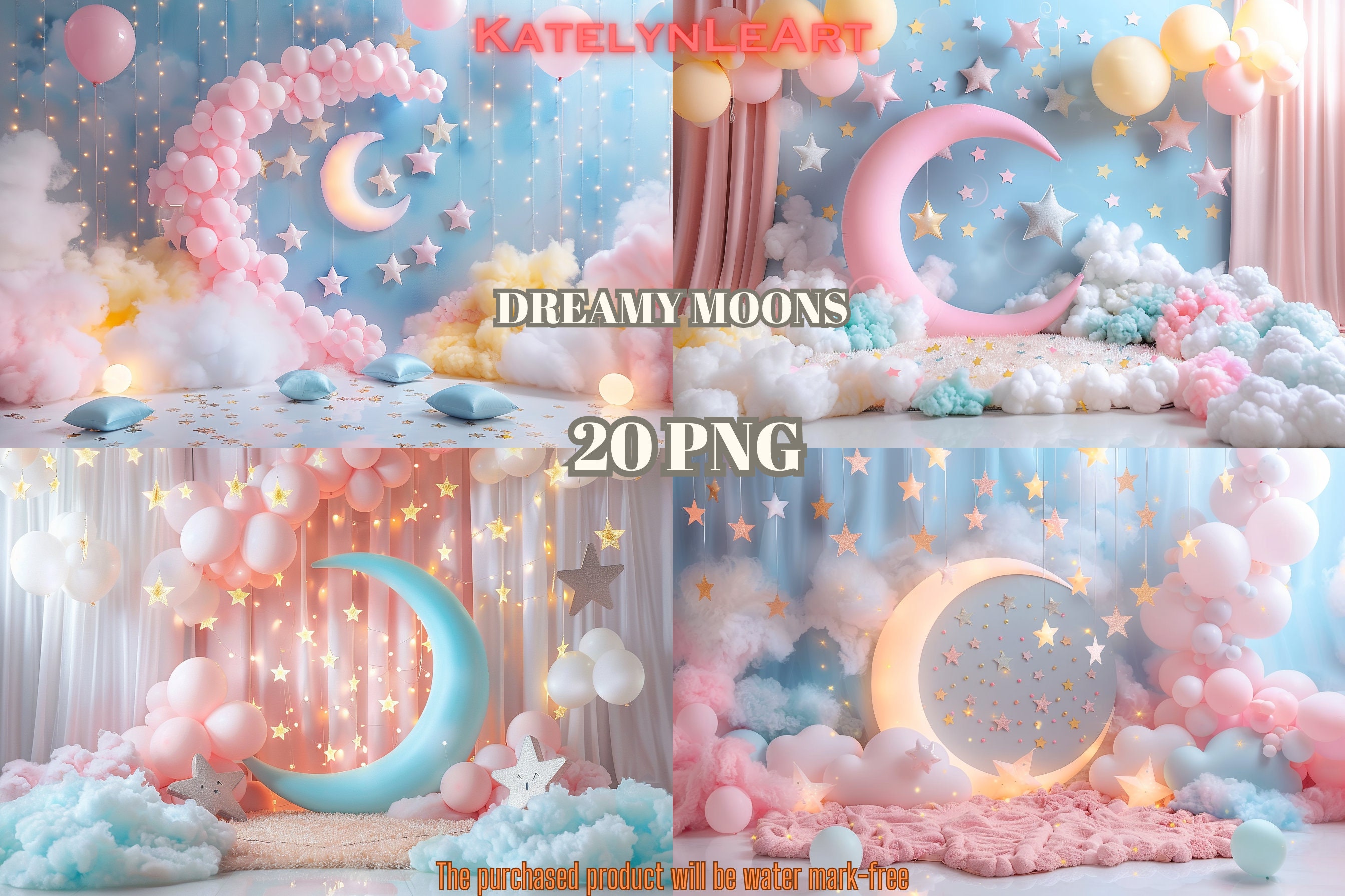 Pink Stars Moon Digital Backdrop, Baby Birthday, Photoshoot (digital ...