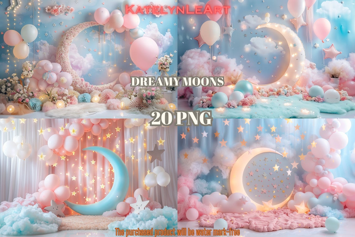Pink Stars Moon Digital Backdrop, Baby Birthday, Photoshoot (digital ...