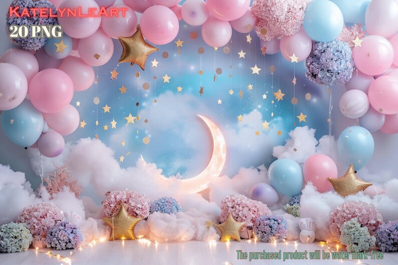 Pink Stars Moon Digital Backdrop, Baby Birthday, Photoshoot (digital ...