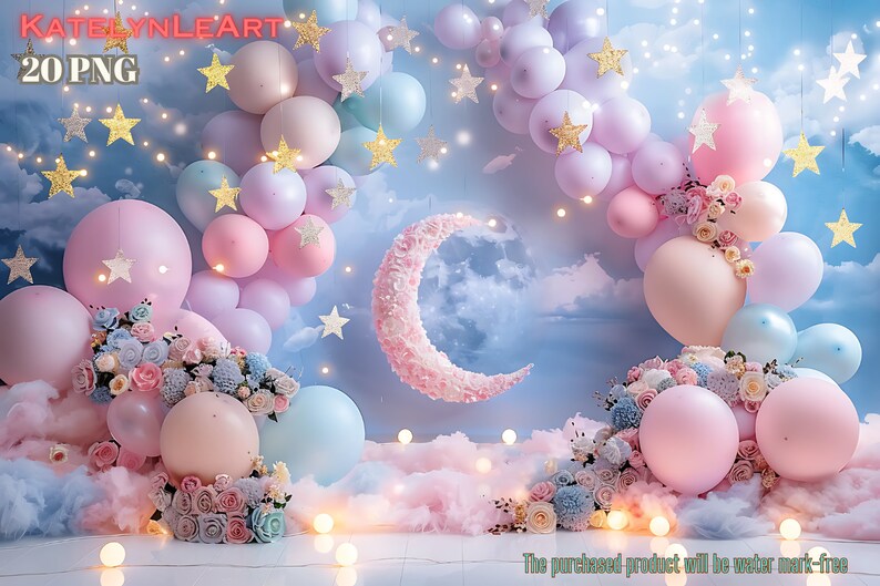 Pink Stars Moon Digital Backdrop, Baby Birthday, Photoshoot (digital ...