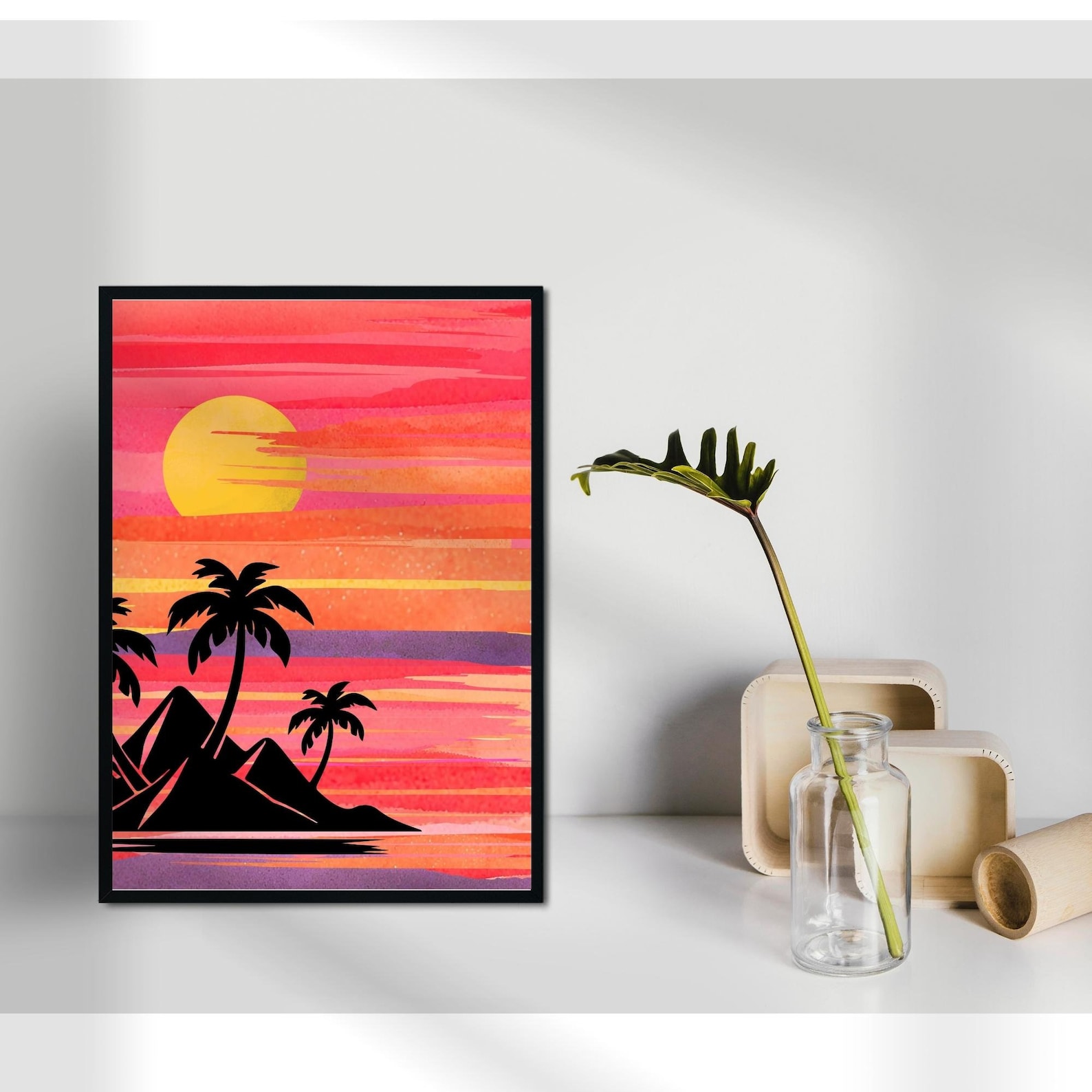 Ombré Style Sunset Coastal Scene Digital Poster Red Style 2 , Palms ...