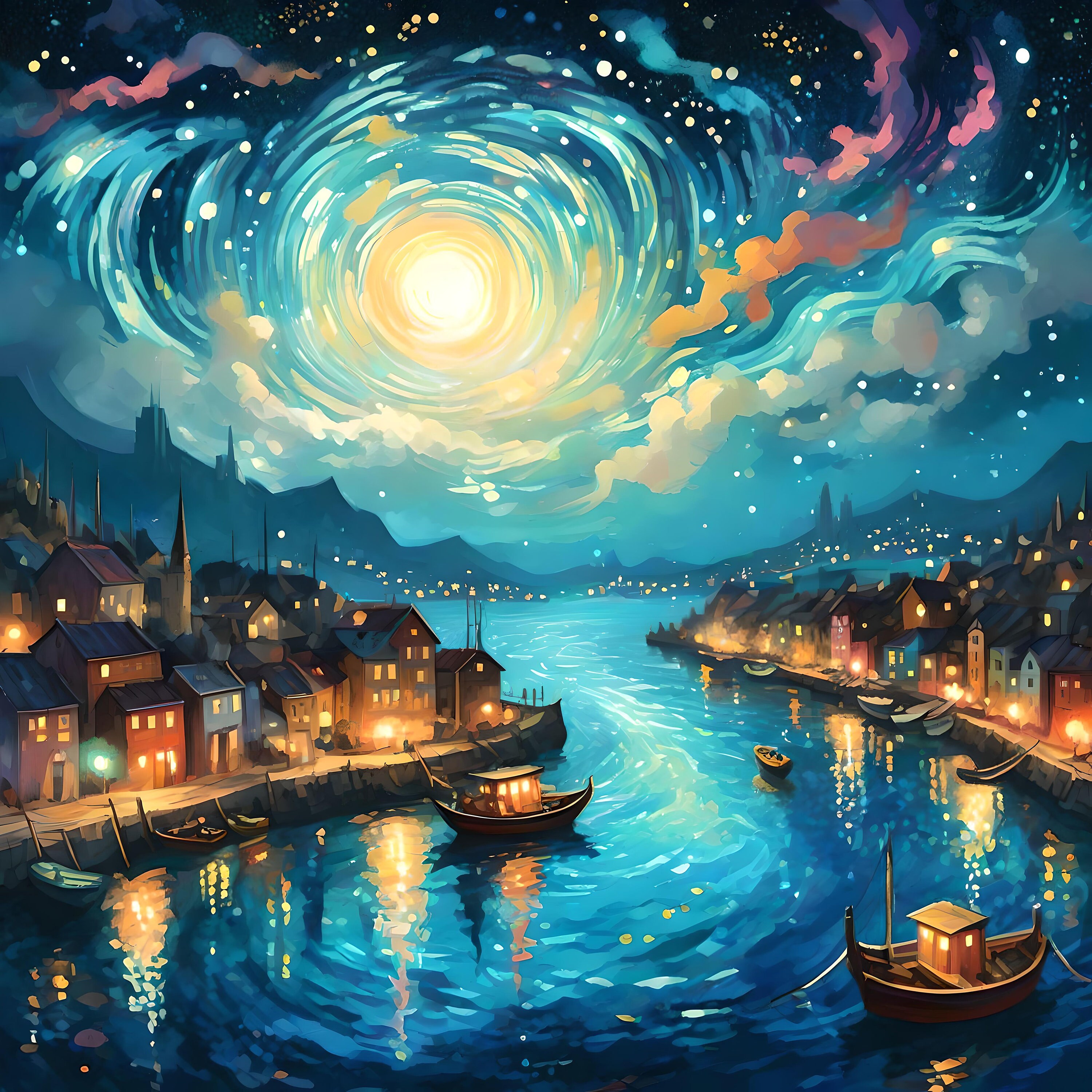 Set of 2 Starry Night Blue Wallpaper Psychedelic Style Light Reflection ...