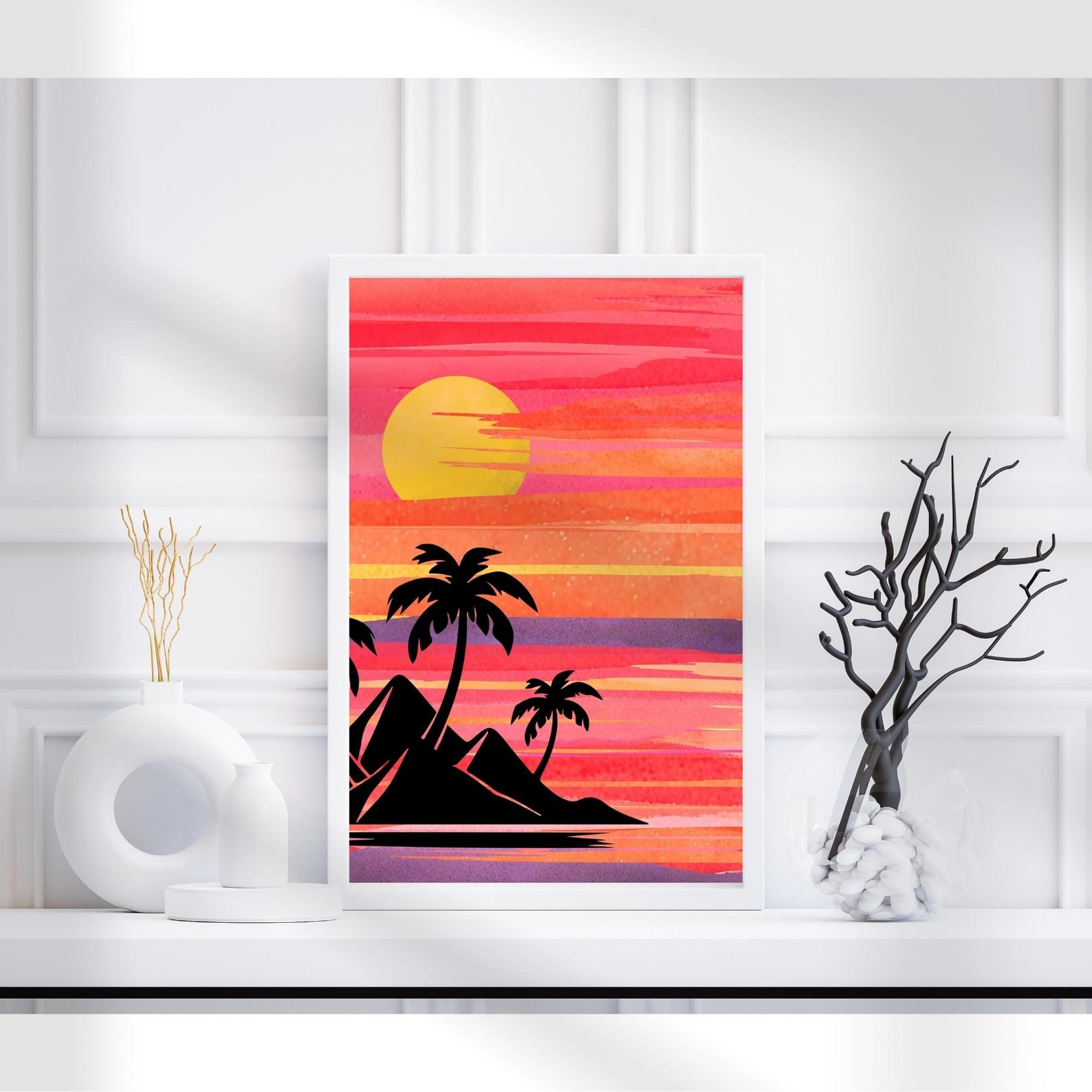 Ombré Style Sunset Coastal Scene Digital Poster Red Style 2 , Palms ...