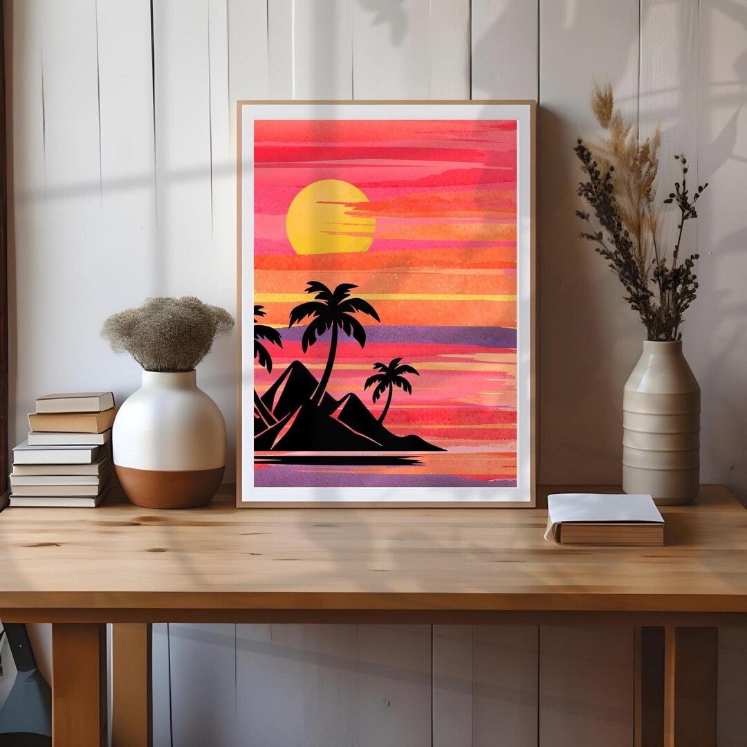 Ombré Style Sunset Coastal Scene Digital Poster Red Style 2 , Palms ...