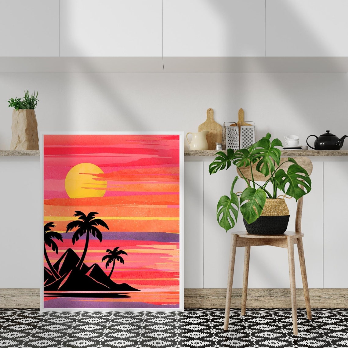 Ombré Style Sunset Coastal Scene Digital Poster Red Style 2 , Palms ...