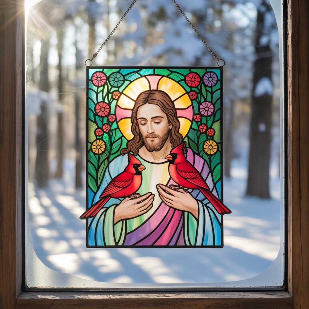 Jesus and Cardinals Stained Glass Suncatcher – Christian Window Decor ...