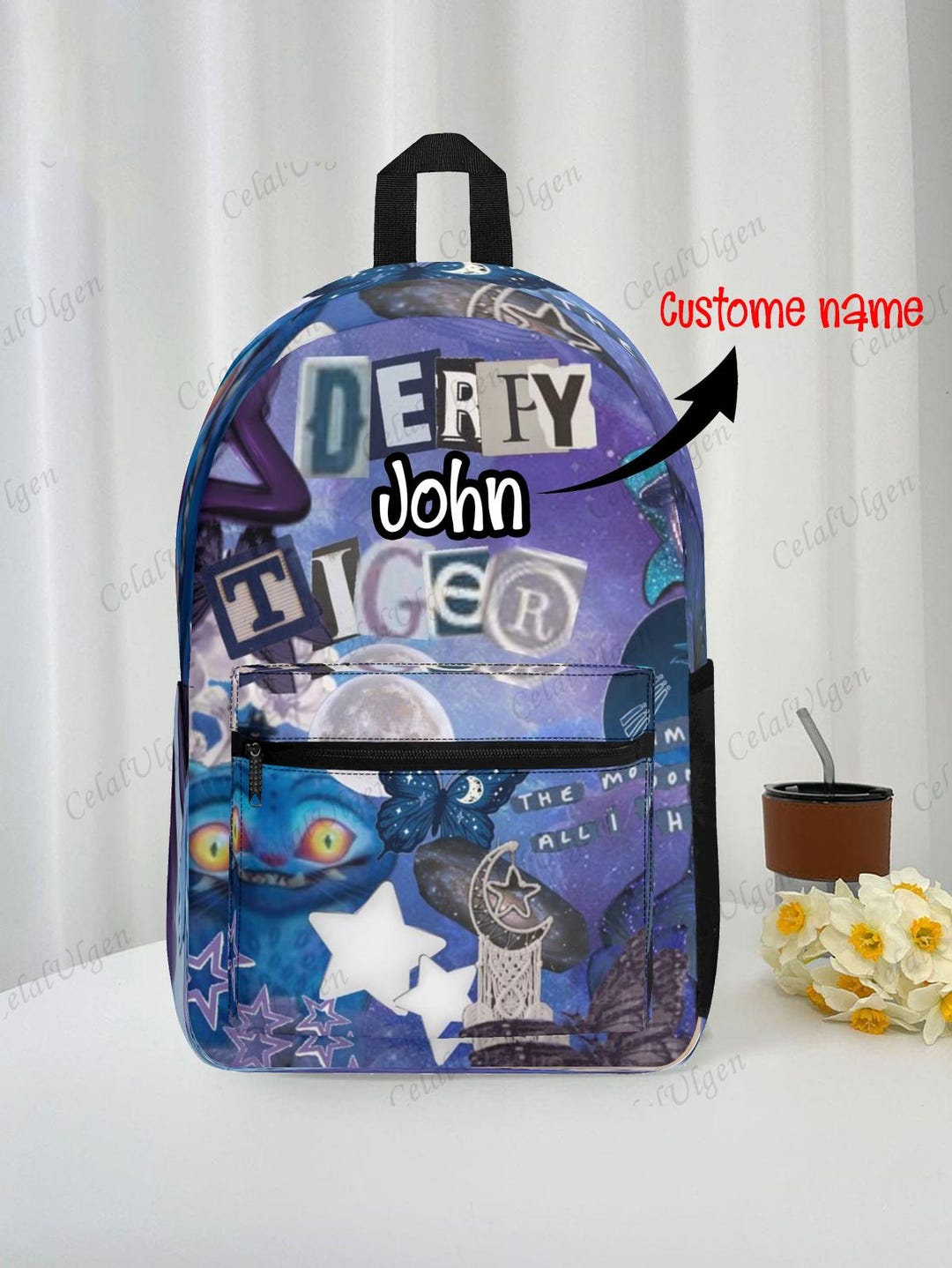 Derpy Tiger Custom Name Backpack – Cute Blue Galaxy Cat School Bag ...