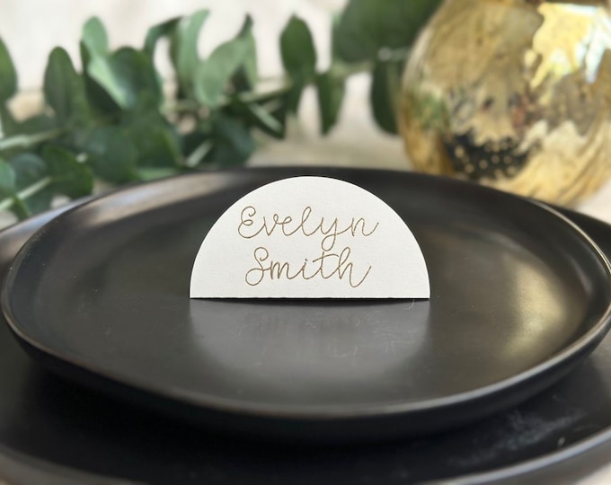 Tented Half Moon Embossed Place Card, Custom Half Circle Wedding Place ...