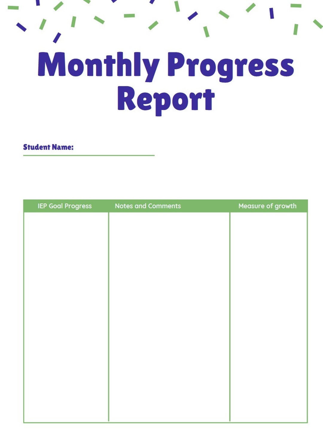 Monthly Goal Progress Report for Ieps, General Education Use, Preschool ...