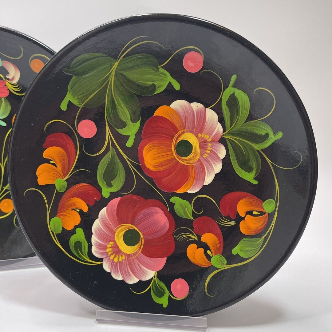 Vintage Hand Painted Oil on Lacquer Wood Art Plate Wall-hanging Floral ...