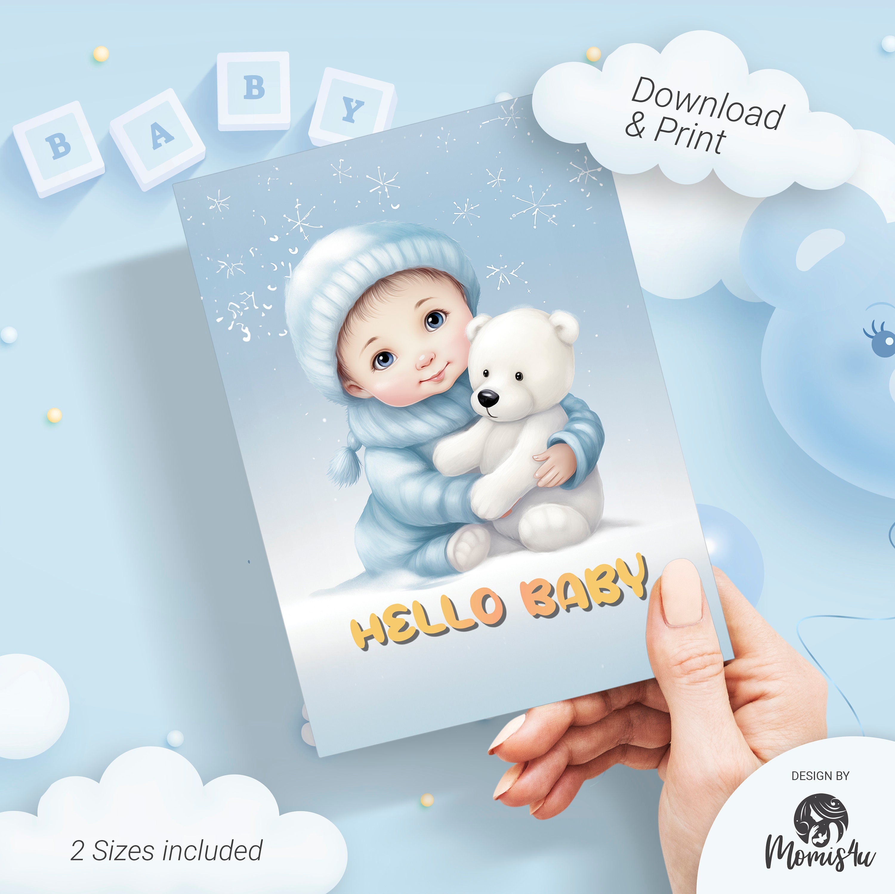 Hello Baby Card New Born Card Printable Card Baby Boy - Etsy