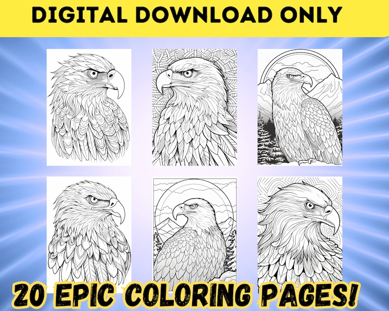 Coloring Book 20 Pages Digital Print Bald Eagles Hand Drawn Adult ...