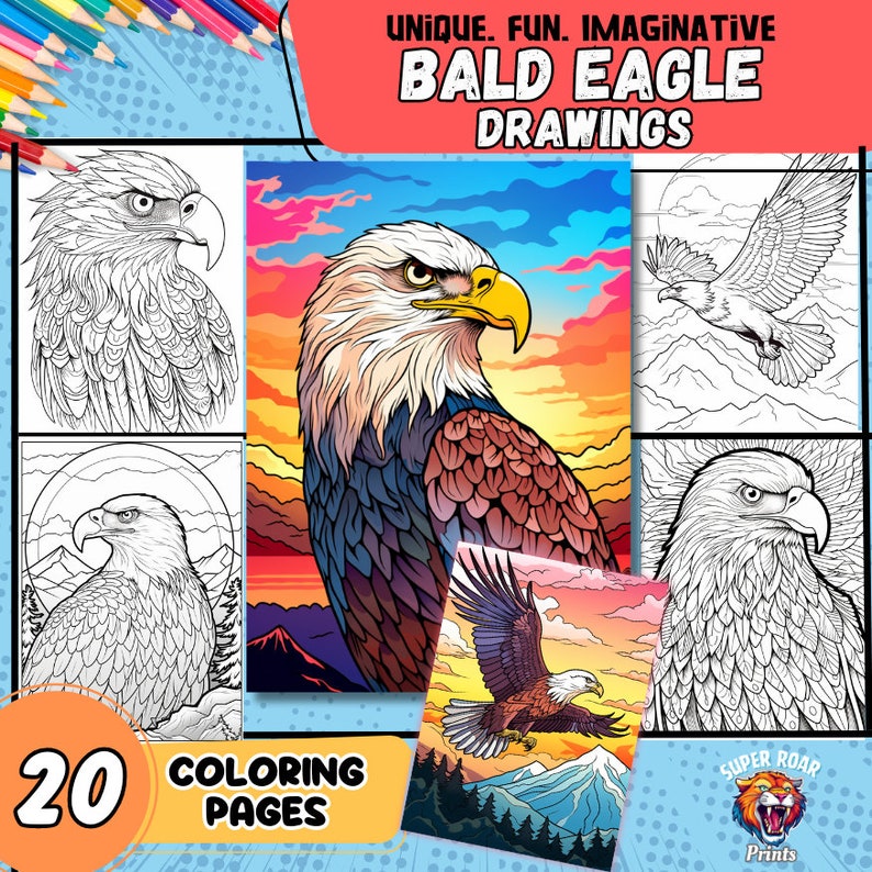 Coloring Book 20 Pages Digital Print Bald Eagles Hand Drawn Adult ...