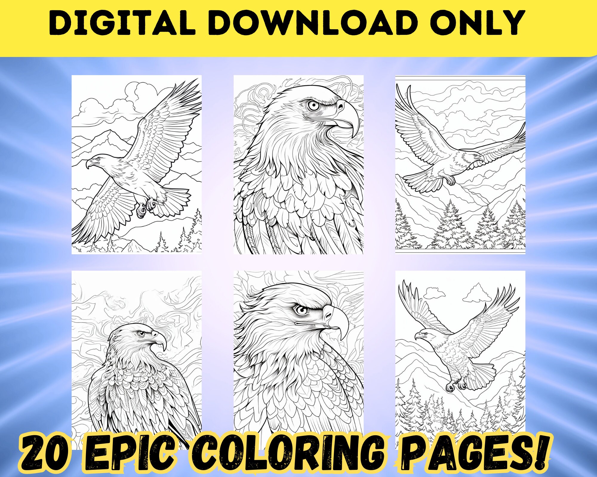Coloring Book 20 Pages Digital Print Bald Eagles Hand Drawn Adult ...