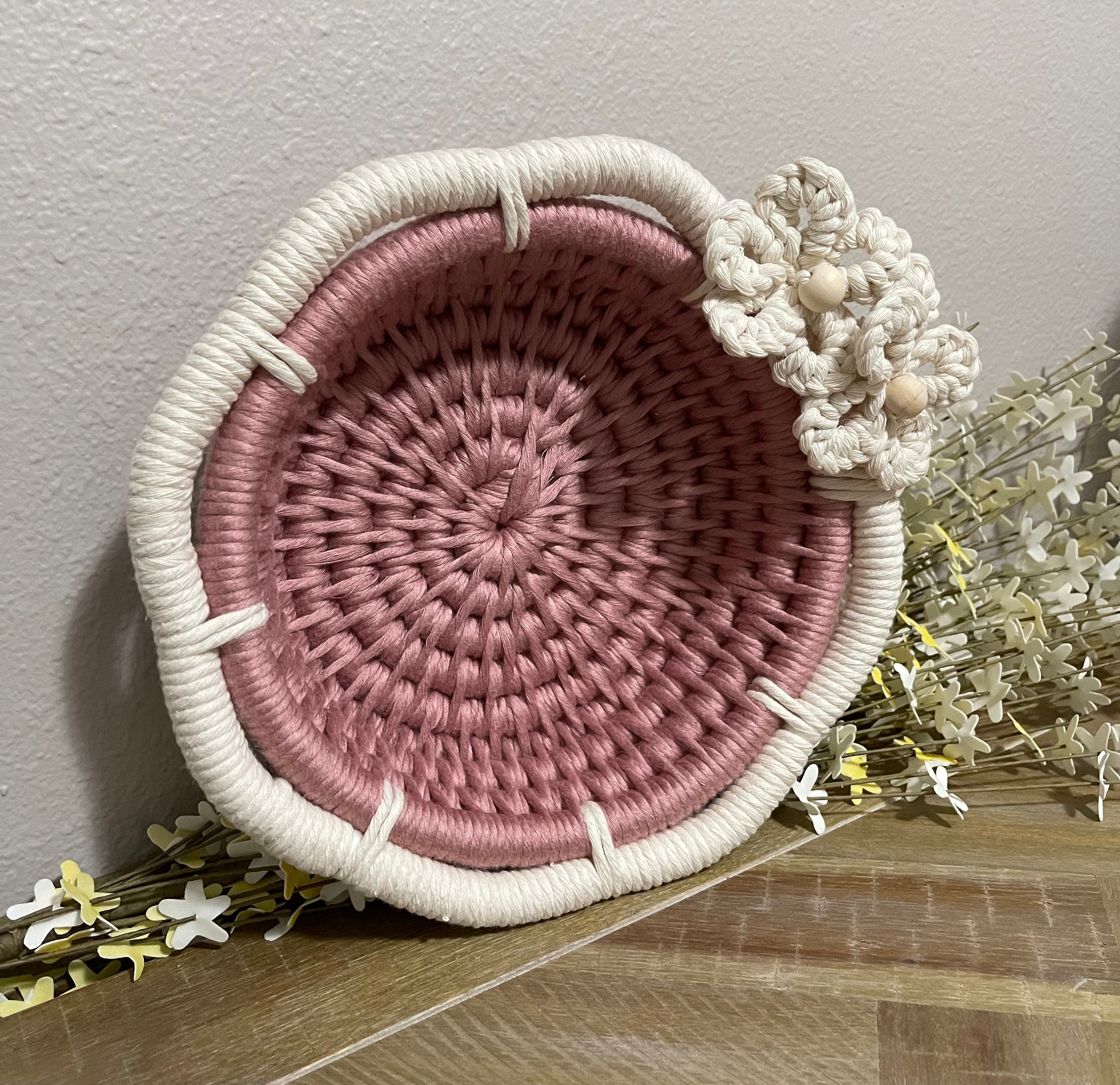 Handmade Macrame Coil Basket, Rose & Ivory - Two Flowers Accent ...