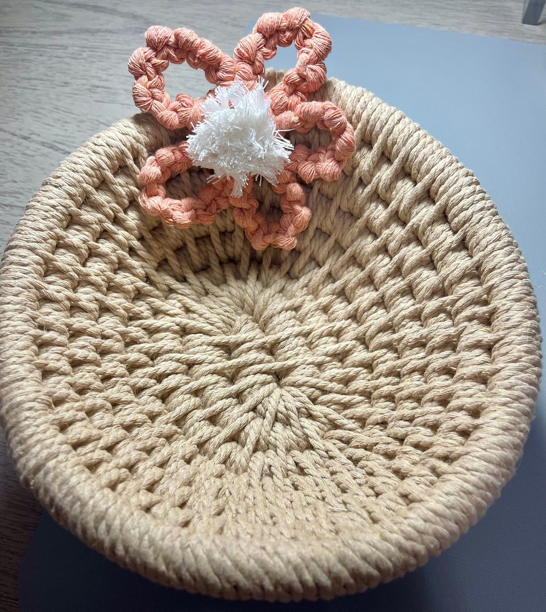 Handmade Macrame Oval Coiled Bowl With Attached Flower - Etsy