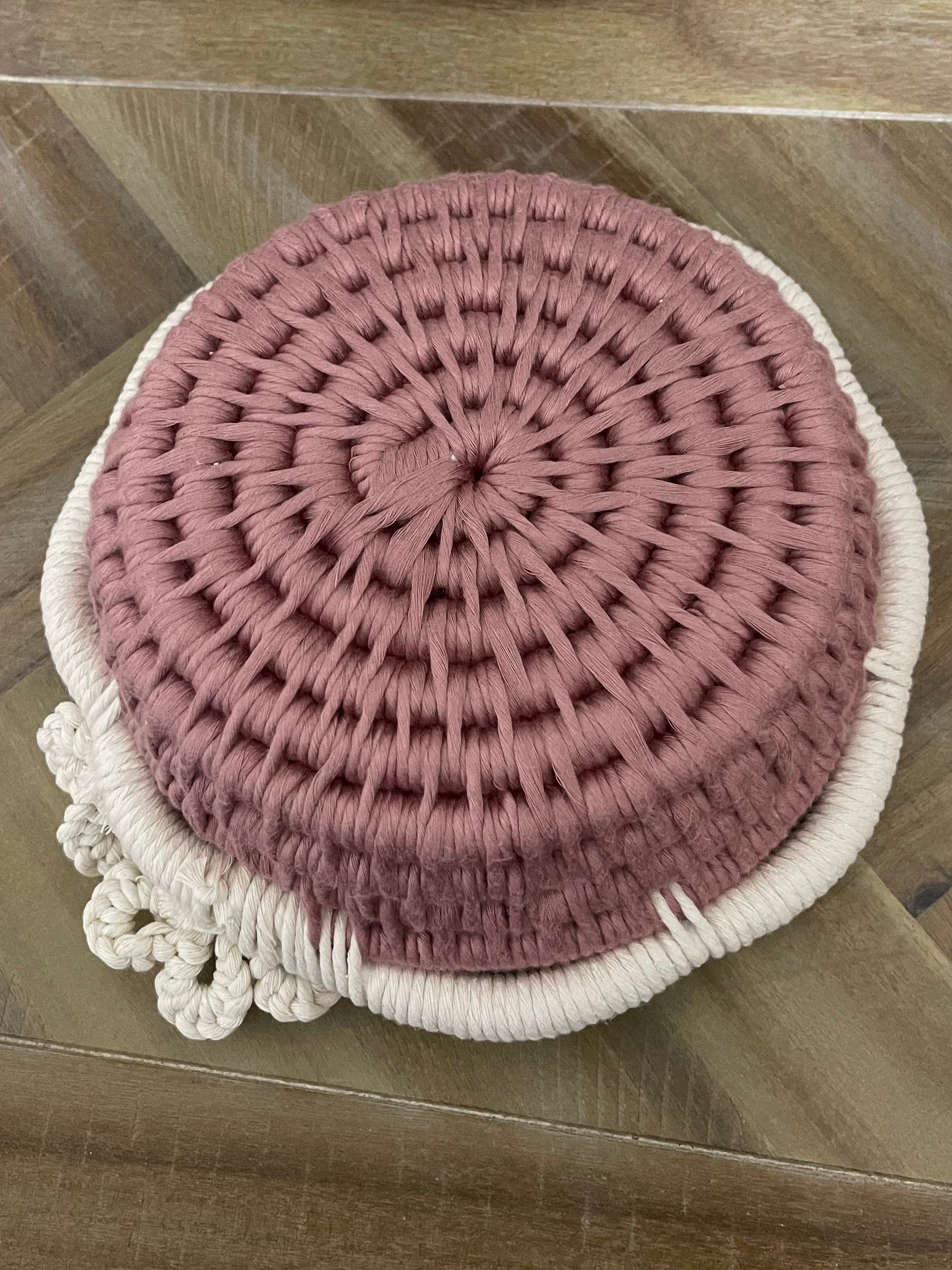 Handmade Macrame Coil Basket, Rose & Ivory - Two Flowers Accent ...