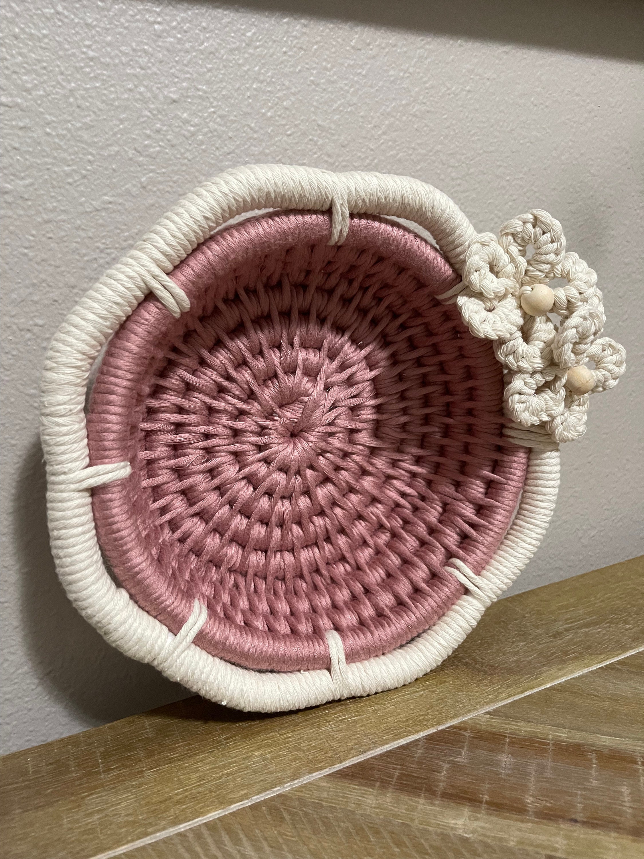 Handmade Macrame Coil Basket, Rose & Ivory - Two Flowers Accent ...