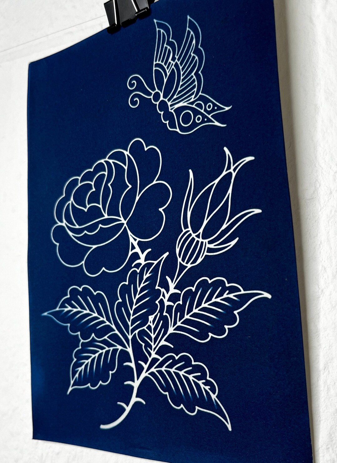Traditional Cyanotype Tattoo Flash Butterfly & Flower - Etsy