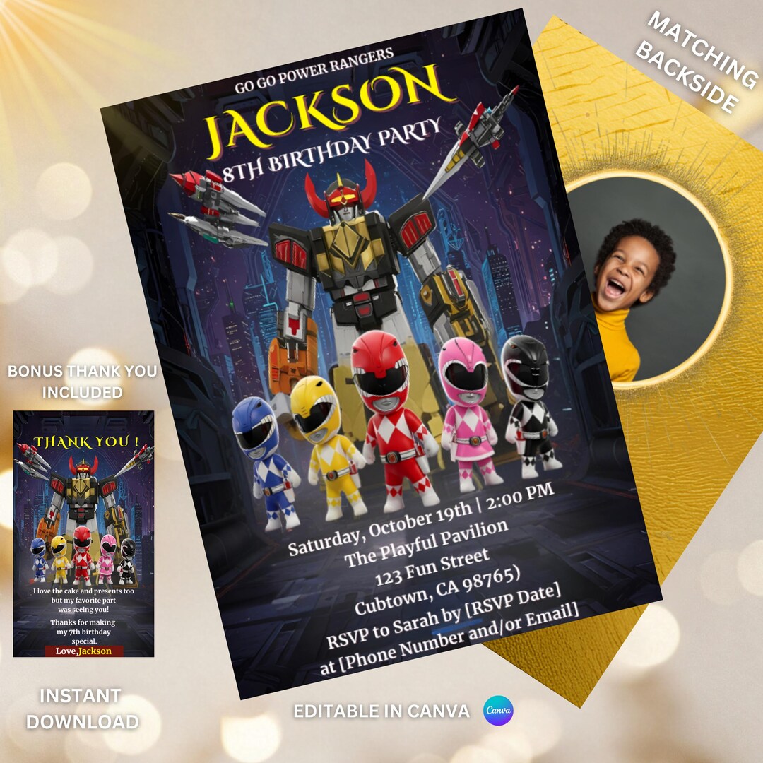 Printable Power Rangers Birthday Card Handmade Editable Invite Digital ...