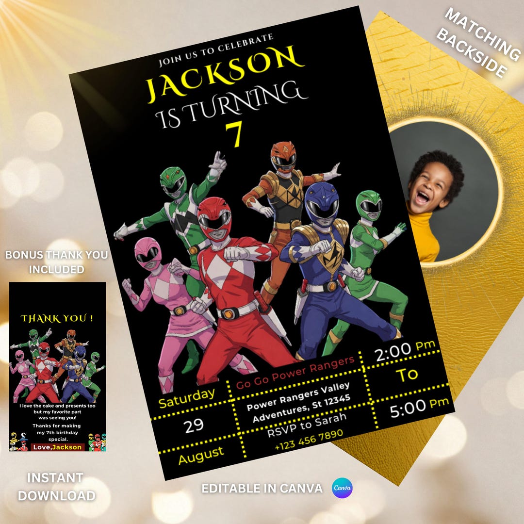Printable Power Rangers Birthday Card Handmade Editable Invite Digital ...