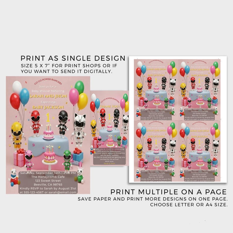 Baby Shower Personalized Power Rangers Card Editable Invite Bundle ...