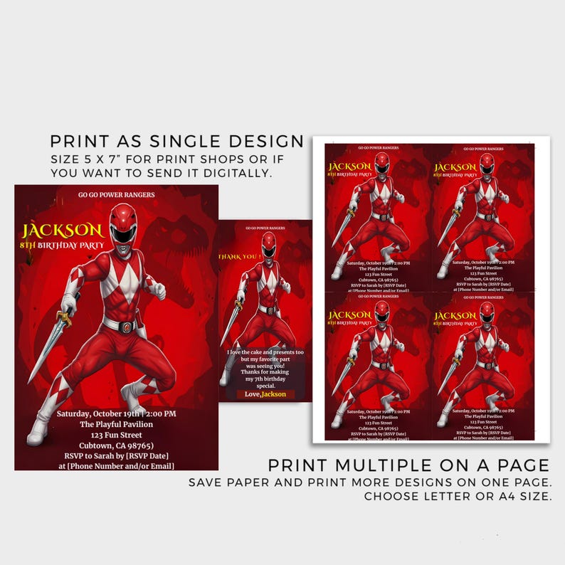 Printable Power Rangers Birthday Card Digital Card Editable Invite Card ...