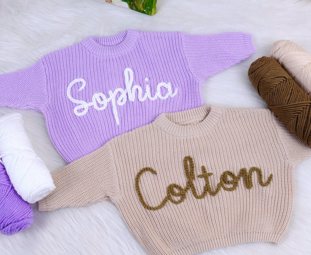Custom Embroidered Baby Name Sweater, Soft Cotton Knit - Etsy