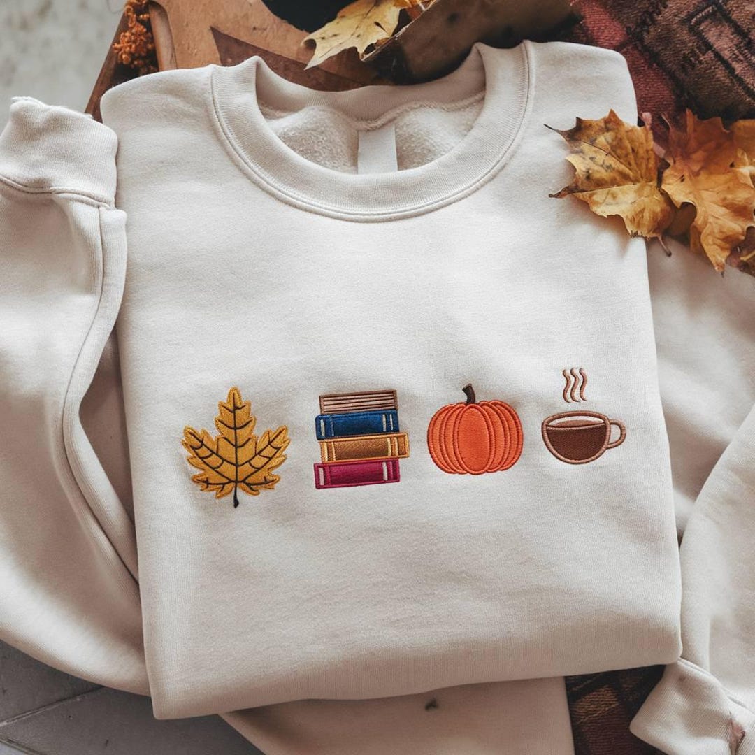 Cozy Autumn Embroidered Sweatshirt, Autumn Leaf Embroidered Crewneck ...