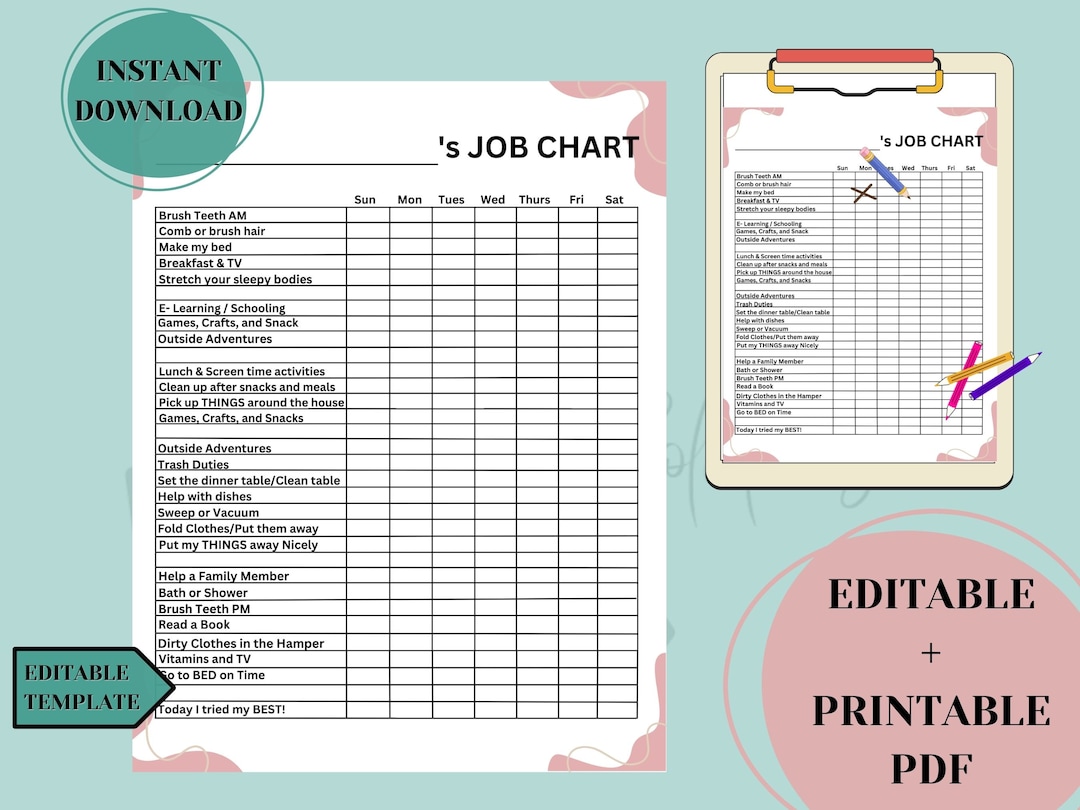Routine Chart for Kids, Weekly Job Chart Responsibilities, Kids Daily ...