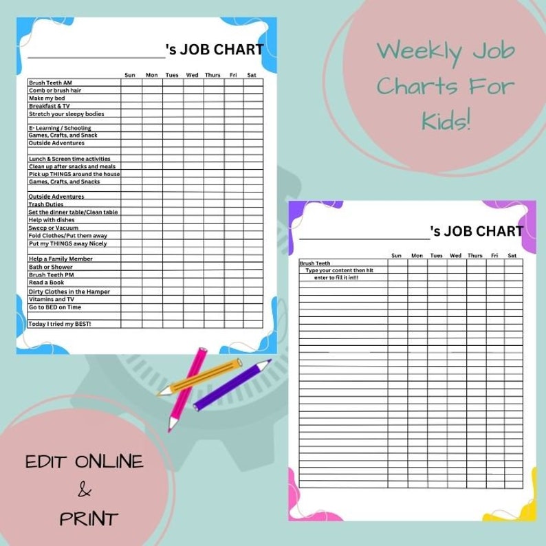 Routine Chart for Kids, Weekly Job Chart Responsibilities, Kids Daily ...