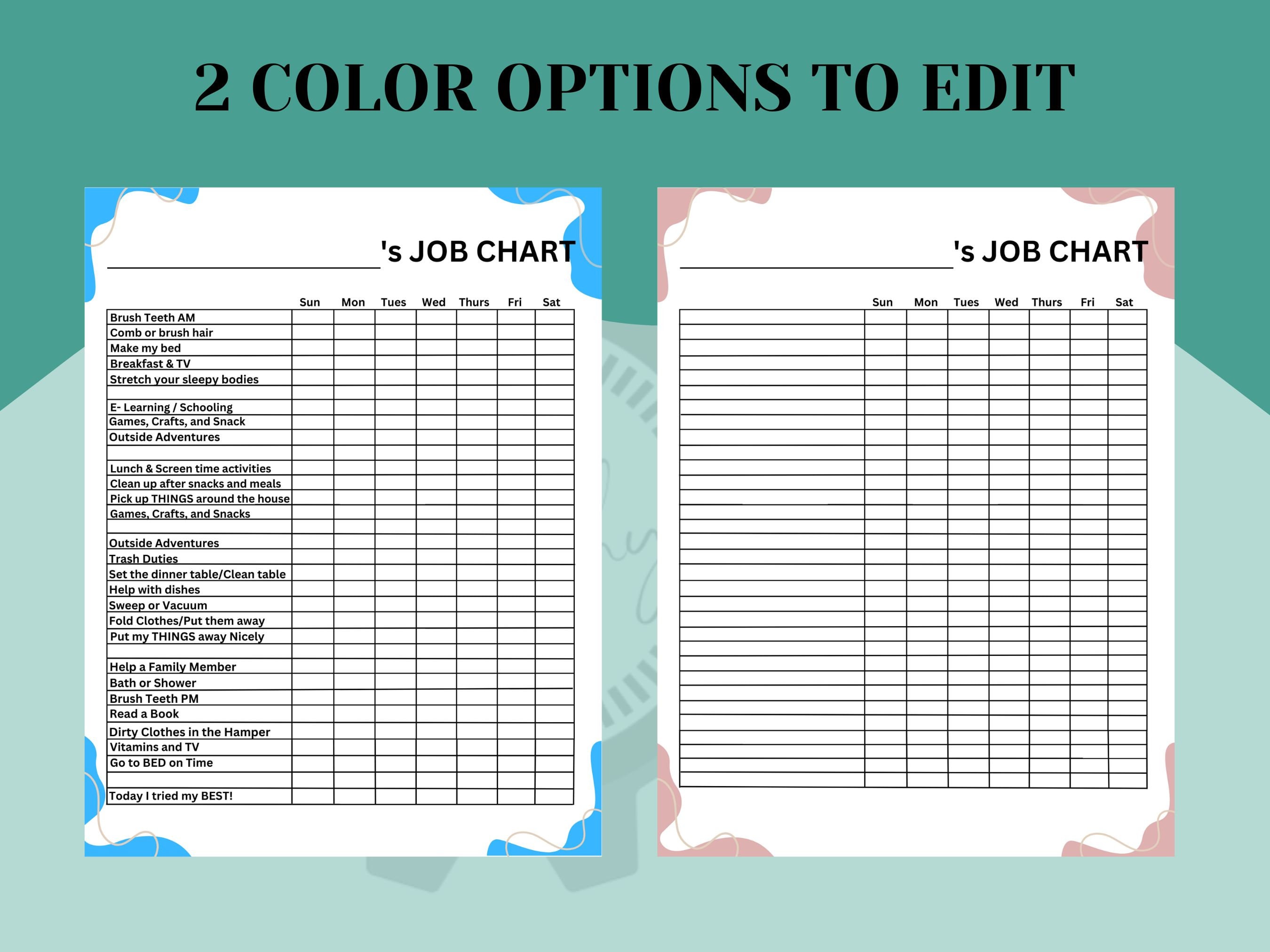 Routine Chart for Kids, Weekly Job Chart Responsibilities, Kids Daily ...