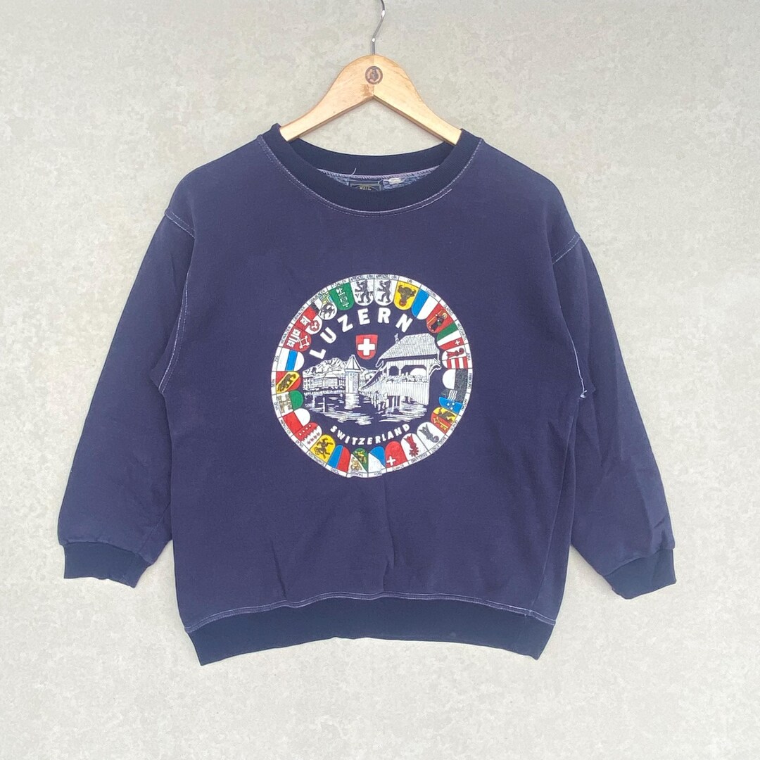 Vintage Swiss Style Printed Crewneck Sweatshirt Navy Blue Pullover ...
