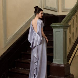 Silver Grey Satin Backless Evening Dress – Elegant Open Back Maxi Gown ...