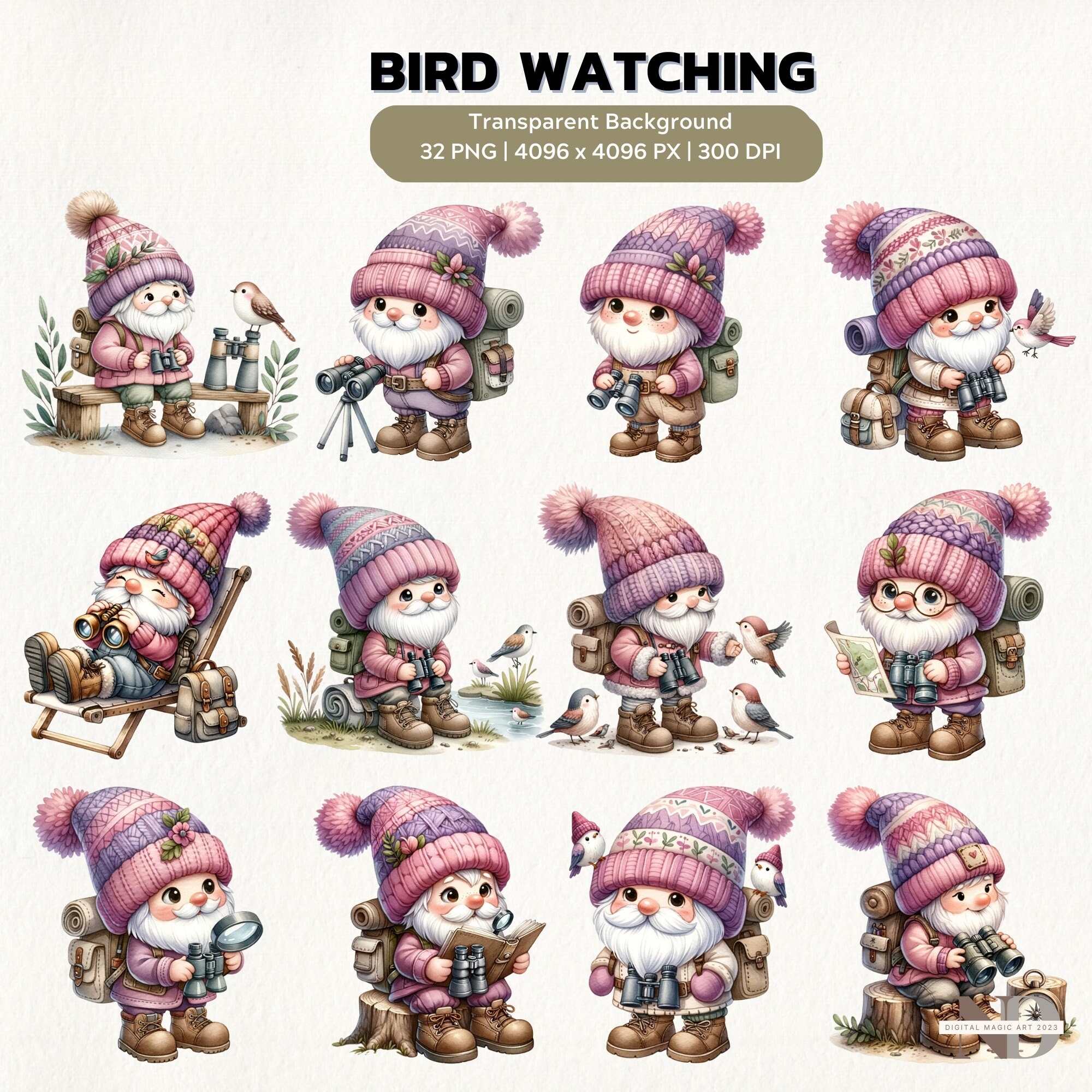 Watercolor Bird Watching Gnome Clipart Cute Gnome PNG Gnome Forest ...