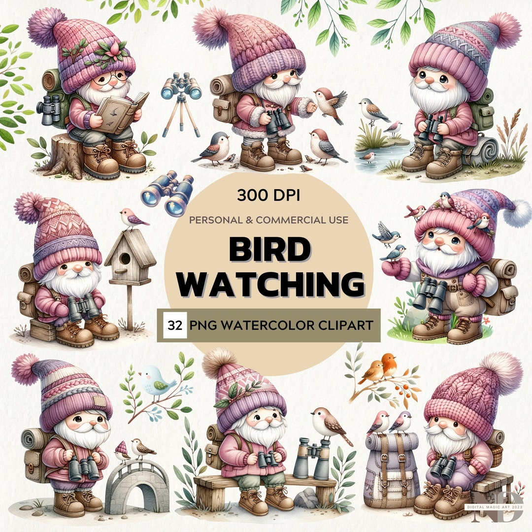 Watercolor Bird Watching Gnome Clipart Cute Gnome PNG Gnome Forest ...