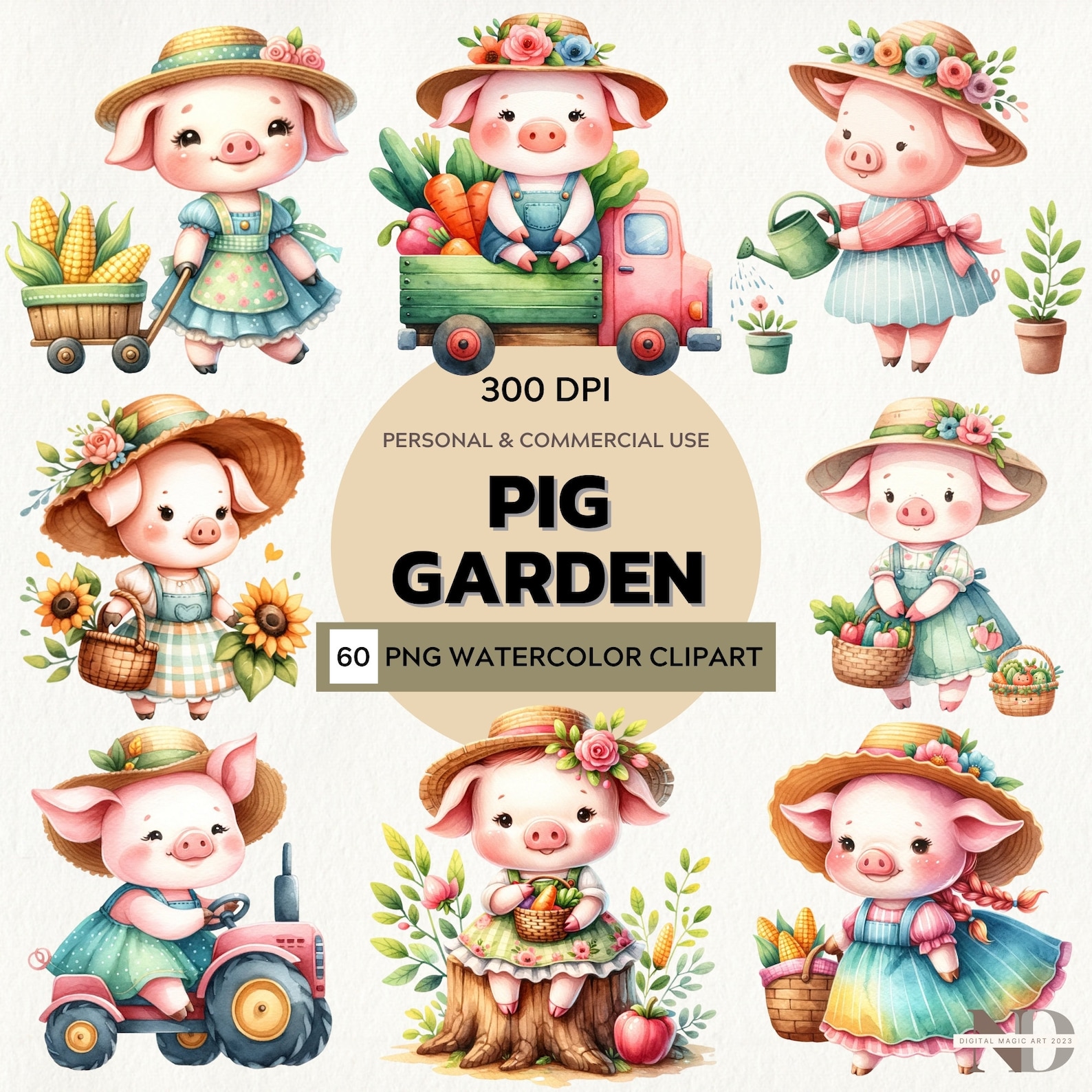 Watercolor Pig Garden Clipart Cute Pig PNG Pig Gadening Clipart Spring Animal Garden Garden Baby ...