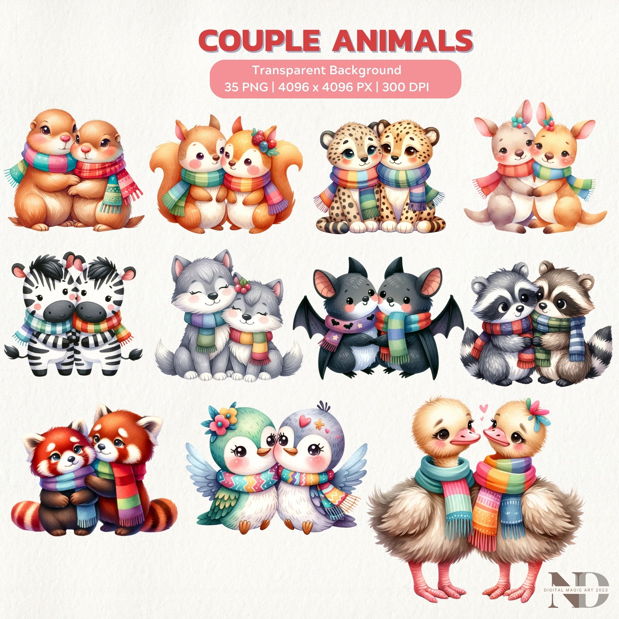 Watercolor Couple Animal Clipart Romantic Animal Clipart Romantic ...