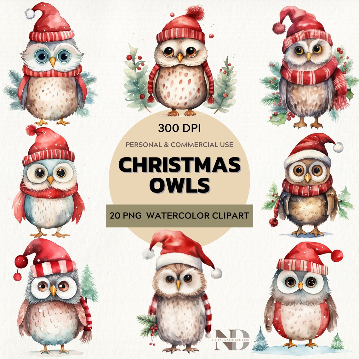 Watercolor Christmas Owls Clipart Christmas Clipart Animals Clipart Owl ...