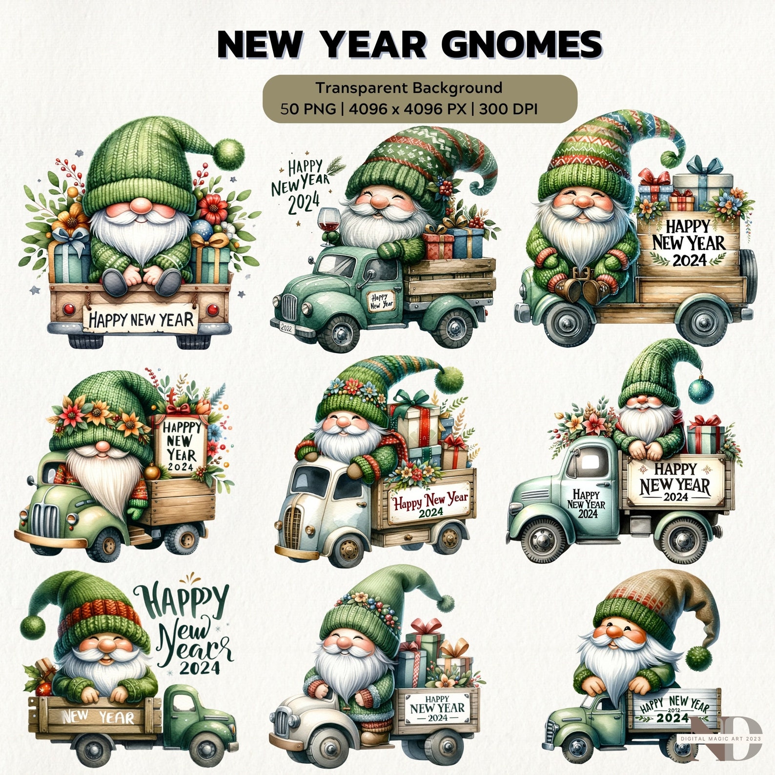Watercolor New Year Gnome Clipart 2024 Happy New Year Clipart Cute ...