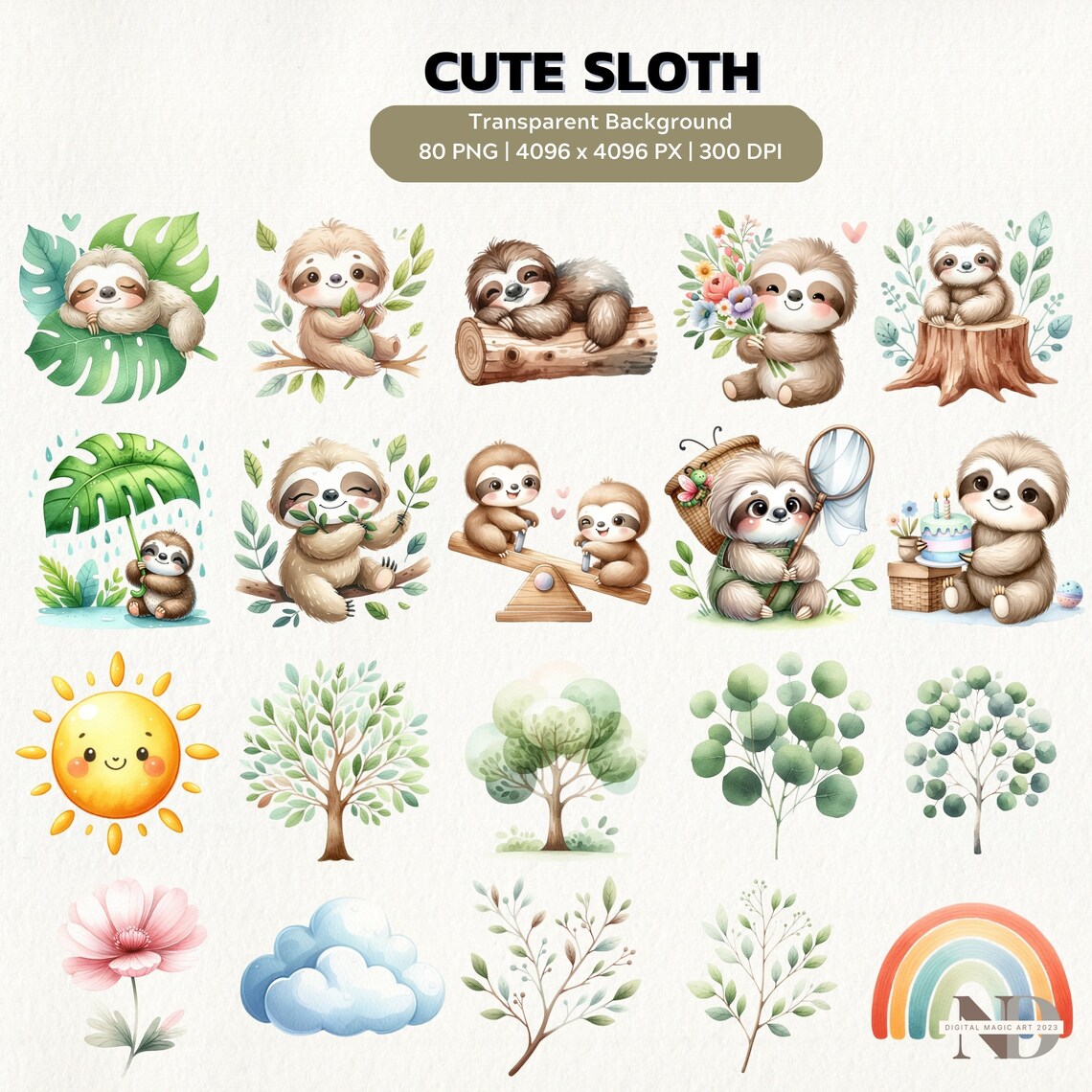 Watercolor Cute Sloth Clipart Sloth PNG Baby Sloth Clipart Cute Animal ...