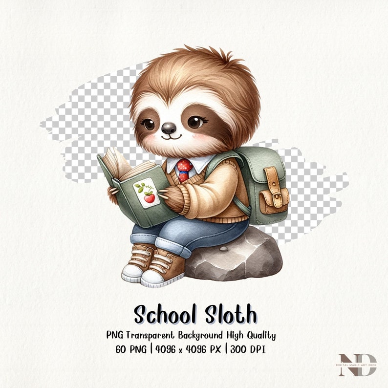 Watercolor School Sloth Clipart Cute Sloth PNG Kids School Back to ...