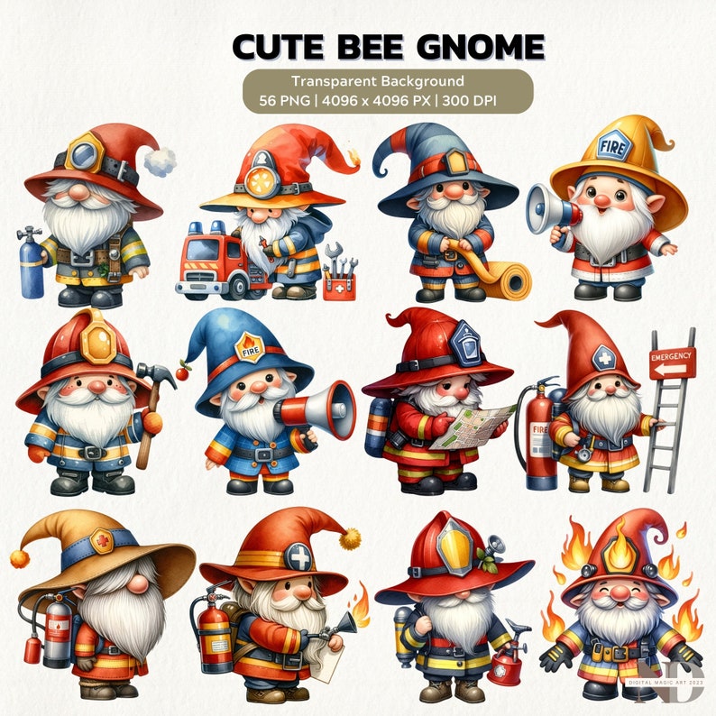 Watercolor Firefighter Gnome Clipart Firefighter PNG Cute Gnome Clipart ...