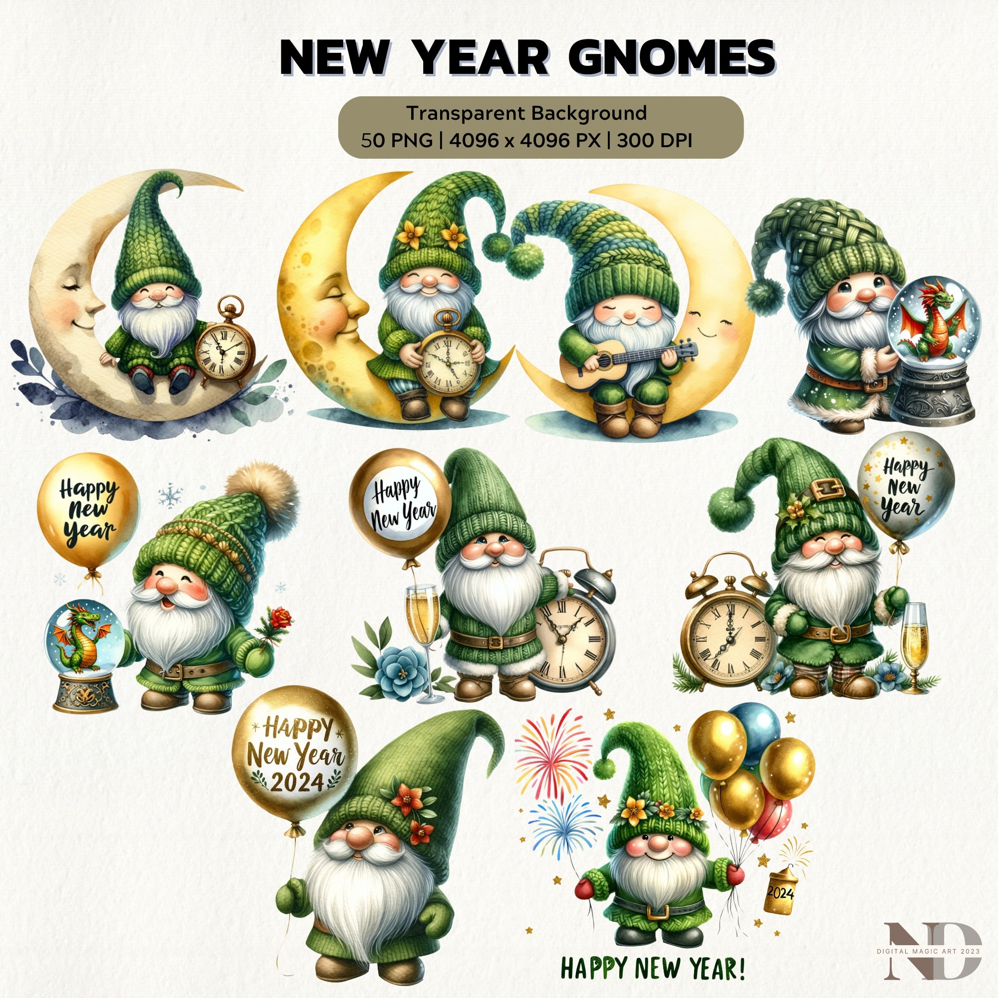 Watercolor New Year Gnome Clipart 2024 Happy New Year Clipart Cute ...