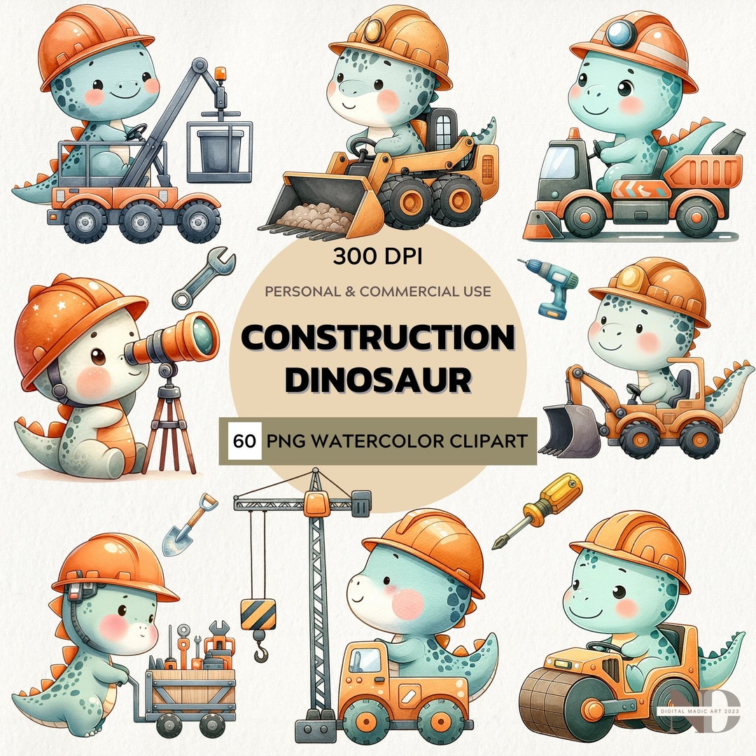 Watercolor Construction Dinosaur Clipart Construction Vehicle Clipart ...